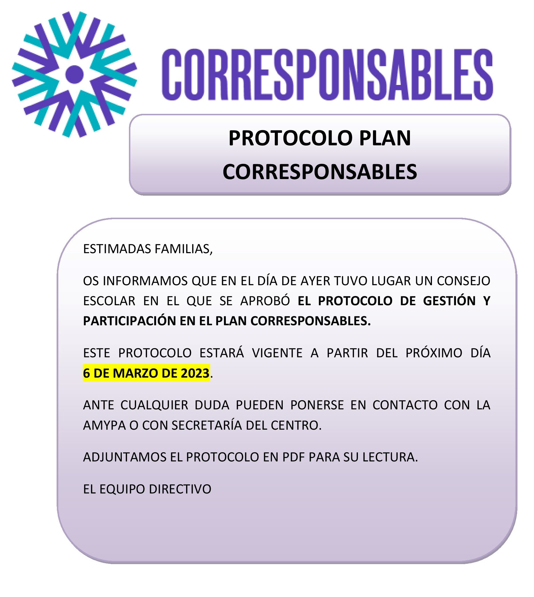 PROTOCOLO PLAN CORRESPONSABLES – CEIP JOAQUÍN COSTA GRAUS